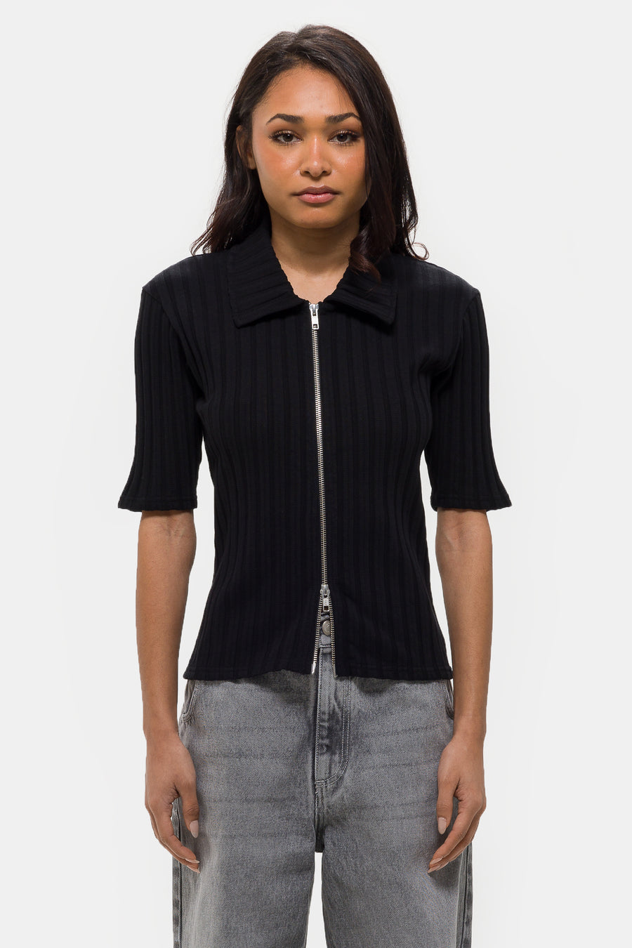 Zip Up Polo in Black Rib